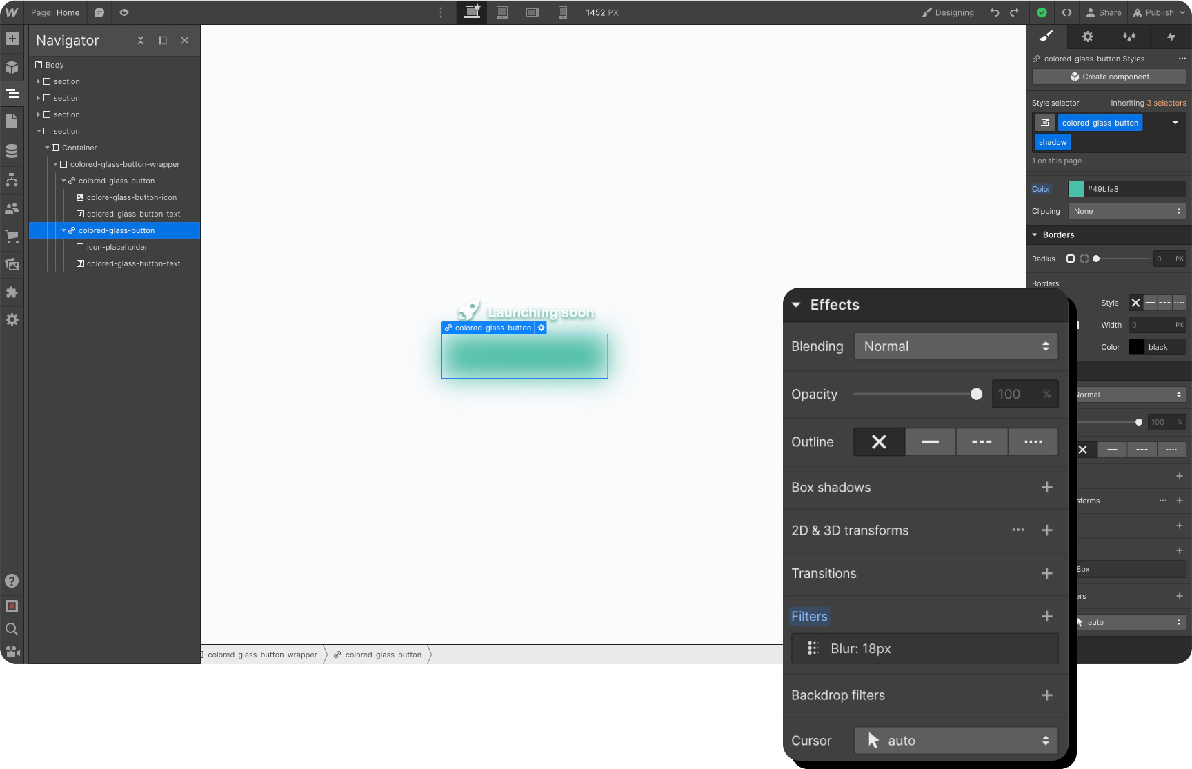 How to create a translucent glass button with colored drop shadow in Figma & Webflow